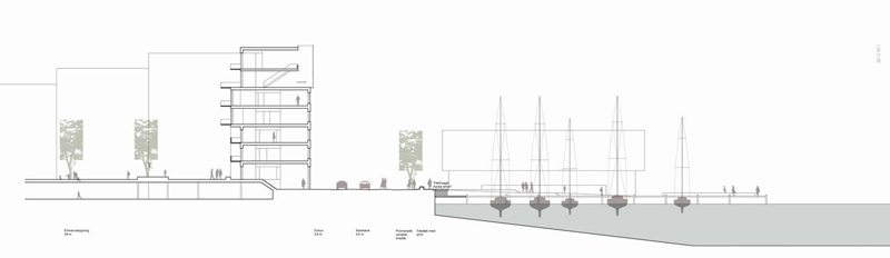 quay section showing general pier / quay/ marina / apartment building ...